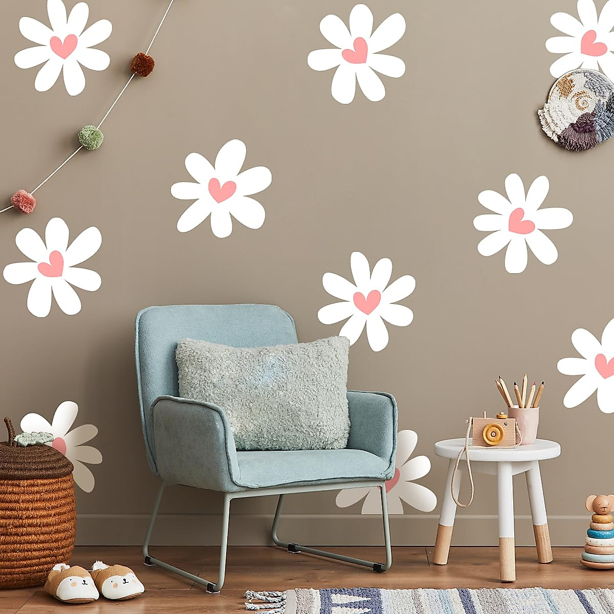 12 Sheets Daisy Wall Stickers Peel and Stick Pink Heart Decals for Room Decor Large Boho White Flower Wallpaper Decal for Kids Girls Nursery Furniture Dresser Bedroom Playroom Living Room Walls Window