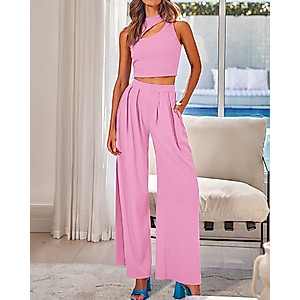 BTFBM Women 2 Piece Outfits 2024 Spring Summer Tracksuits Mock Neck Sleeveless Cutout Crop Top Wide Leg Pants Sweatsuits(Solid Pink, X-Large)