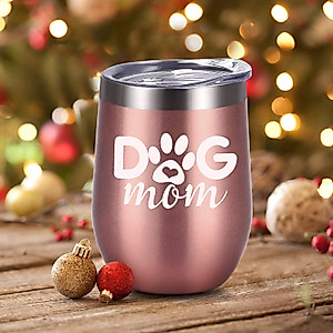 GINGPROUS Dog Mom Wine Tumbler Dog Lover Gifts for Women, Funny Wine Tumbler Gifts for Dog Mom Dog Lover Daughter Wife Friend, 12 Oz Insulated Stemless Steel Wine Tumbler, Rose Gold