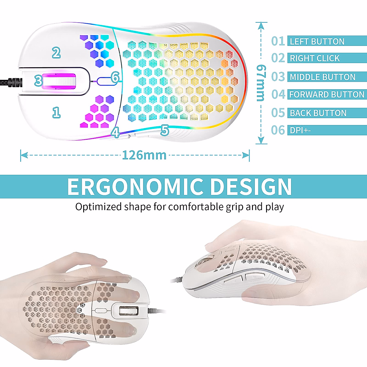 LETGOALL Lightweight Honeycomb Gaming Mouse, High Precision 7200DPI Optical Sensor, RGB Backlight, Wired, Ergonomic USB Computer Mouse for PC, Mac, Laptop (White)
