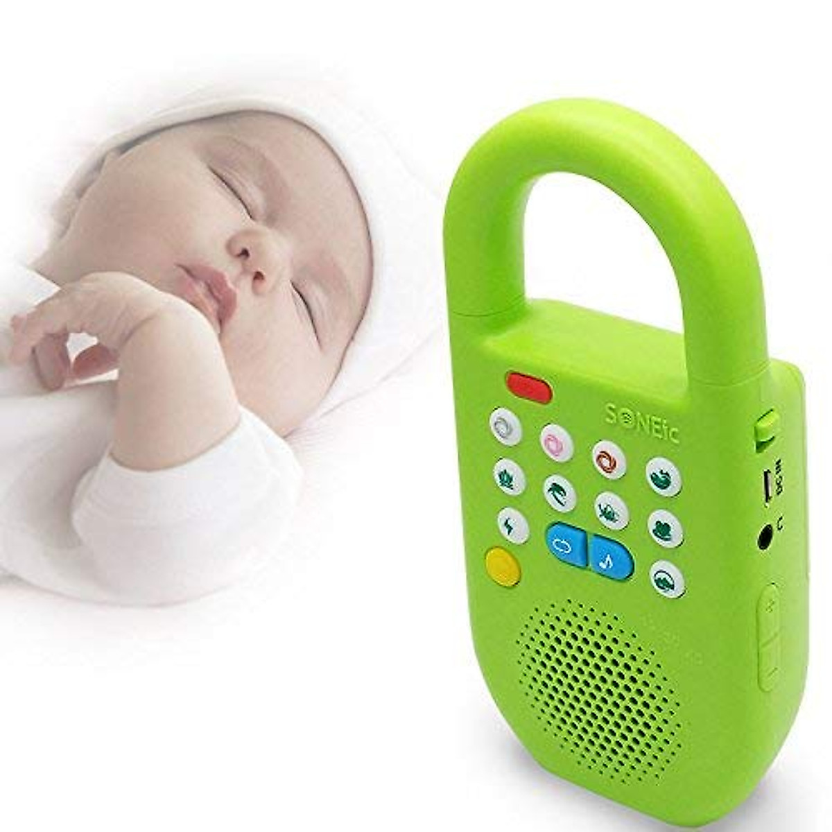 SONEic - Travel Sleep, Relax and Focus Sound Machine. 10 Soothing White Noise and Natural Sound Tracks and 7 Baby Lullaby Tracks, with Timer Option - Green
