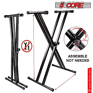 5 CORE Piano Keyboard Stand Double X Heavy Duty 7 Adjustable Heights & Width Digital Electric Synthesizer Music Stands For 61 76 88 Keys w Secure Locking Strap KS 2X BLK