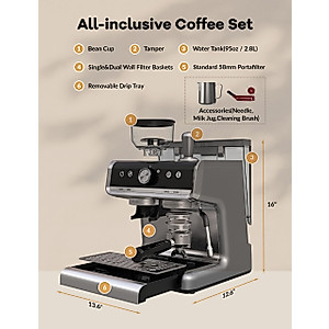 SPORTY&FIT Semi-Automatic Espresso Machine With Grinder, 20 Bar Espresso Maker Coffee Machine Cappuccino Machine with Milk Frother & 95oz Removable Water Tank for Home Office (Light Grey)