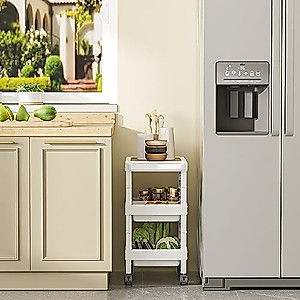 KLONVS 3-Tier Plastic Rolling Utility Cart with Handle, Multi-Functional Storage Trolley for Office, Living Room, Kitchen, Movable Storage Organizer with Wheels, White