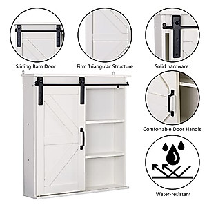 MFSTUDIO Farmhouse Small Bathroom Cabinet Wall Mounted Hanging Medicine Cabinets, Kitchen Storage Organizer with Rustic Barn Door for Living Room Bedroom, Ivory