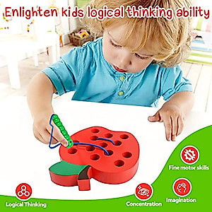 Lacing Toys for Toddlers - Wooden Lacing Apple Threading Toy, Shape Puzzle Fun Travel Game for Montessori Early Learning of Fine Motor Skills Lacing Toy, Educational Gift for Boys and Girls Ages 3-5