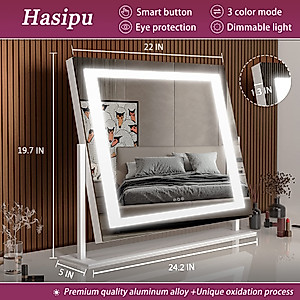 Hasipu Vanity Mirror with Lights, 24.2" x 19.7" LED Makeup Mirror, Light up Mirror with 10X Magnification and USB, Phone Holder, Smart Touch 3 Colors Dimmable, 360° Rotation (Right Angle White)
