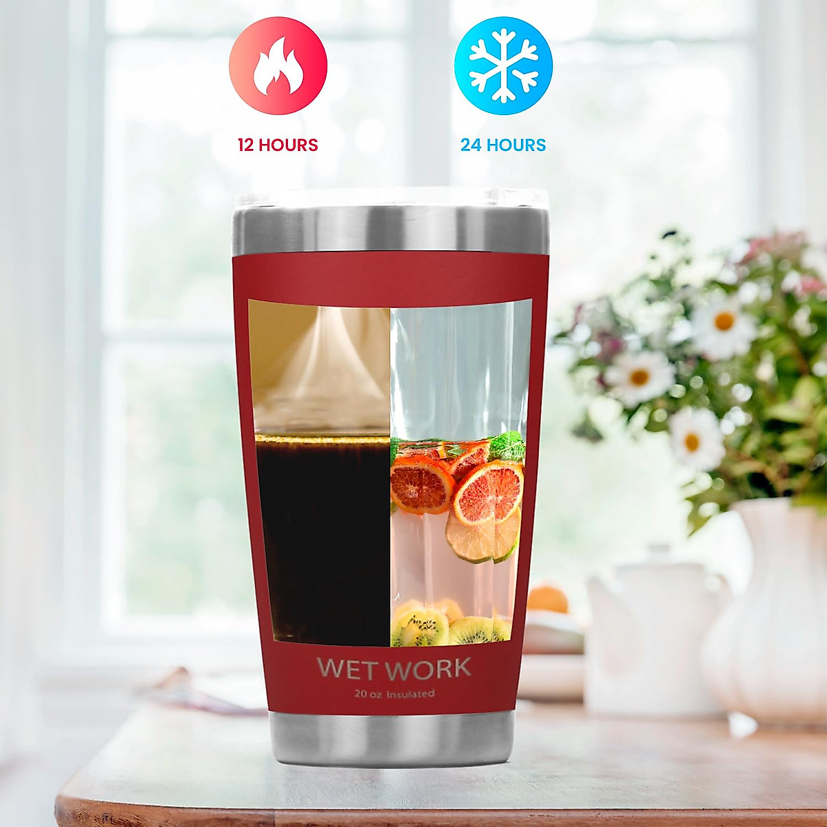 Wet Work Double Wall Tumbler 20 oz Made from Durable Stainless Steel for Hot and Cold Drinks - Insulated Travel Mug for Coffee Tea Wine with Leak Proof Lid for Travel Hiking Camping Gifts - Red