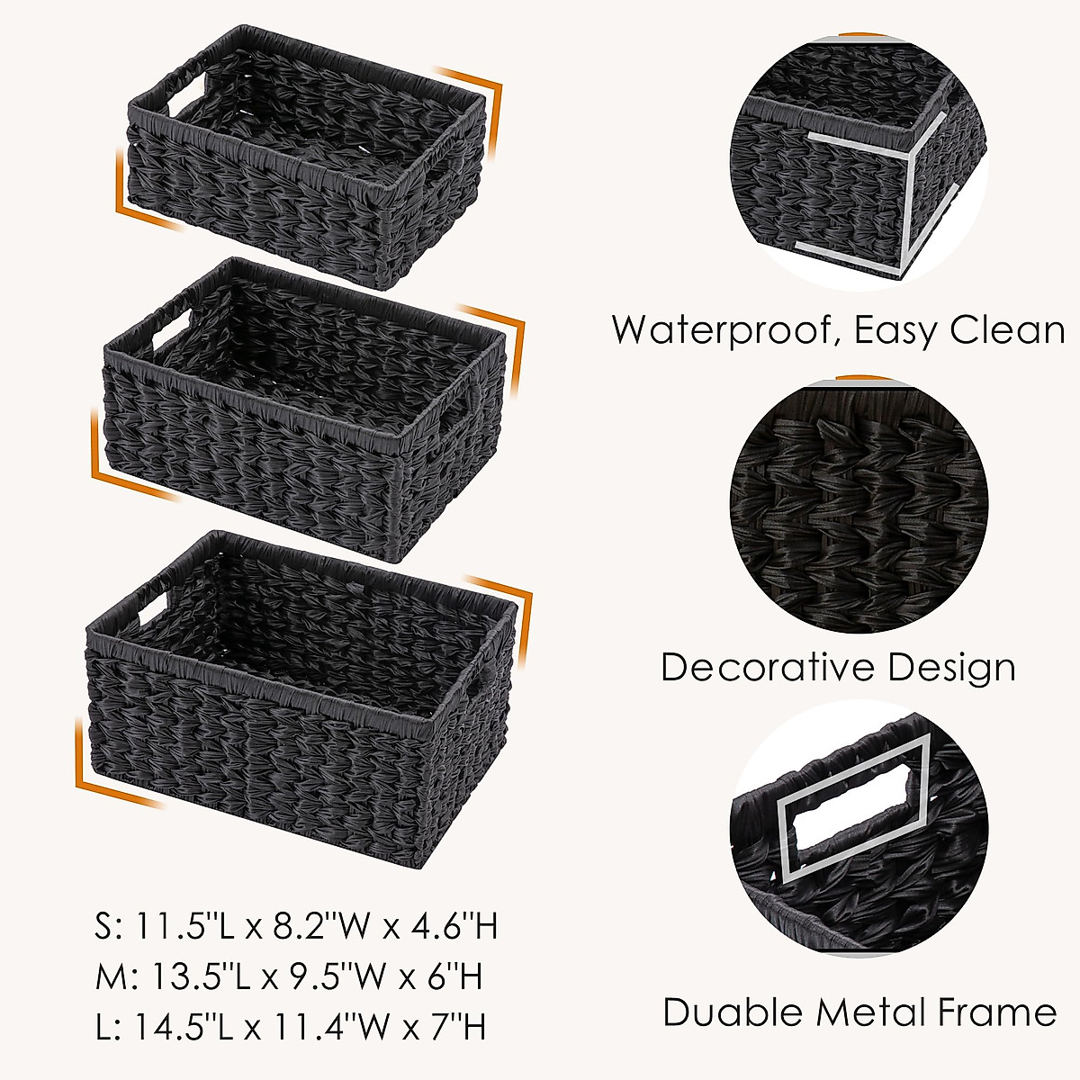 Homepeaz Set of 3 Wicker Storage Baskets, Decorative Baskets With Built-in Handles, Multipurpose Nesting Countertop Baskets for Shelves, Pantry, Kitchen Organizers, Bathroom, Toilet, Closet (Black)
