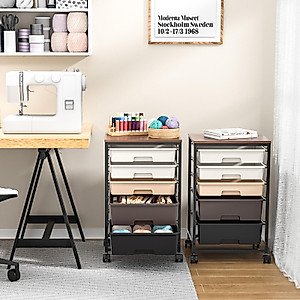 TOOLF Utility Cart with 5 Drawers,Storage Drawer Cart with Wooden Tabletop and Lockable Wheels,Craft Storage Trolley Cart,5-Tier Rolling Utility Cart on Wheels (Brown)