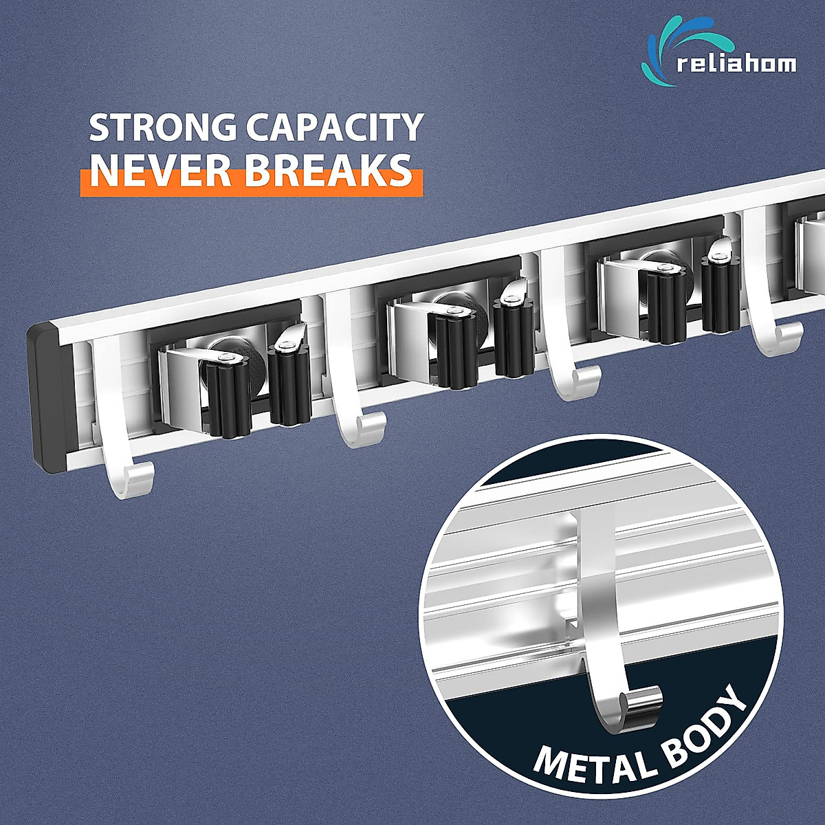 reliahom Broom Holder Mop Hanger Wall Mount Metal Organization Garage Storage System Garden Kitchen Tool Organizer (4 Racks with 5 Hooks, Black)