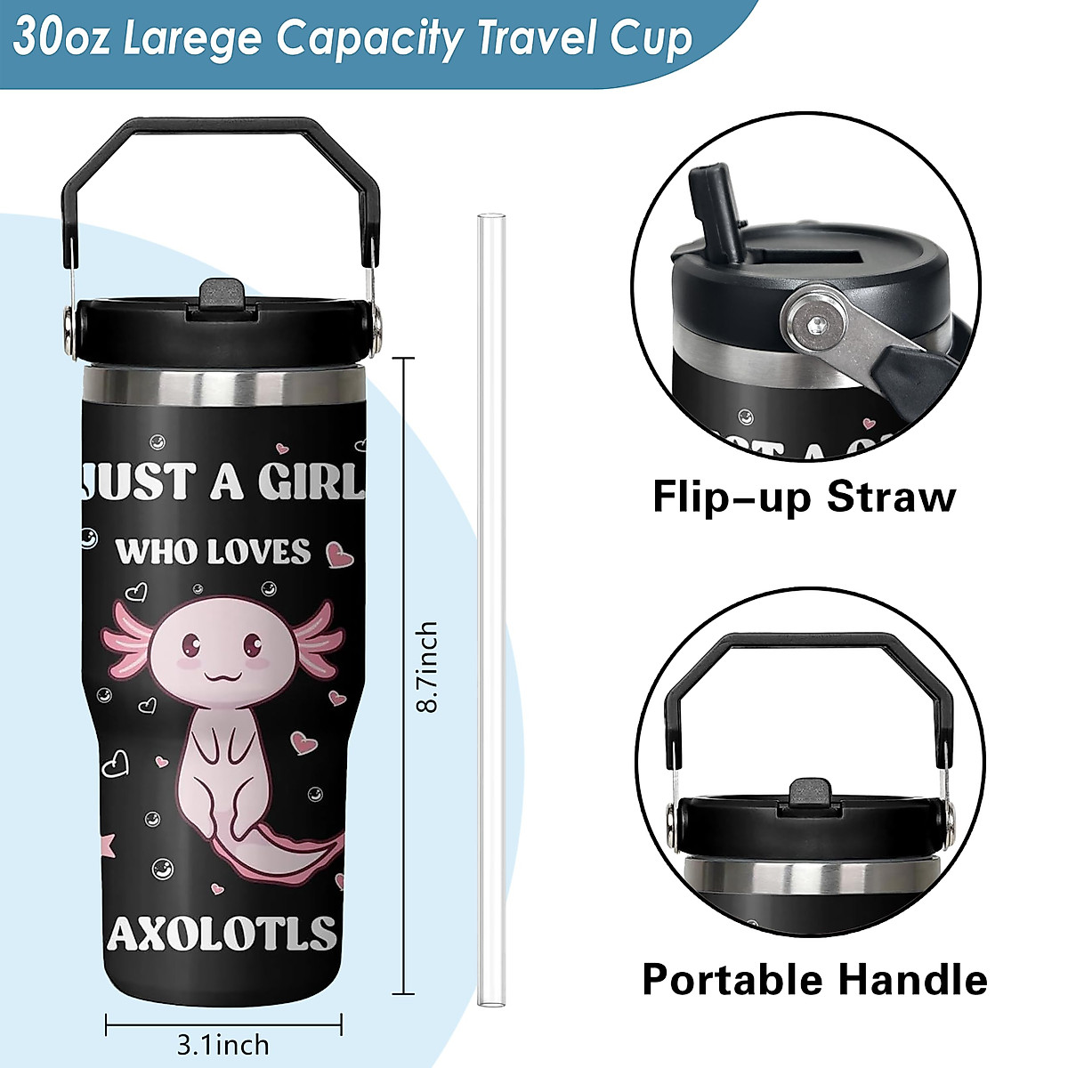 Queen Hero 30 oz Axolotls Tumbler with Handle, Large Insulated Tumbler with Flip & Straw Coffee Mug Cup Stainless Steel Gifts for Women Men Youth