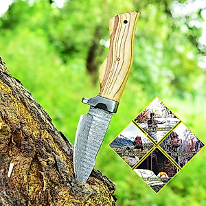 Huntex Smith 9.15” Hunting Knife, Handmade Damascus hunting knives with Leather Sheath Non-Slip Grip,Balanced & Lightweight fixed blade knife, Ideal for outdoor,indoor Skinning,Survival,Camping,Bushcraft Knife, Ideal Gift(Ash-Wood)