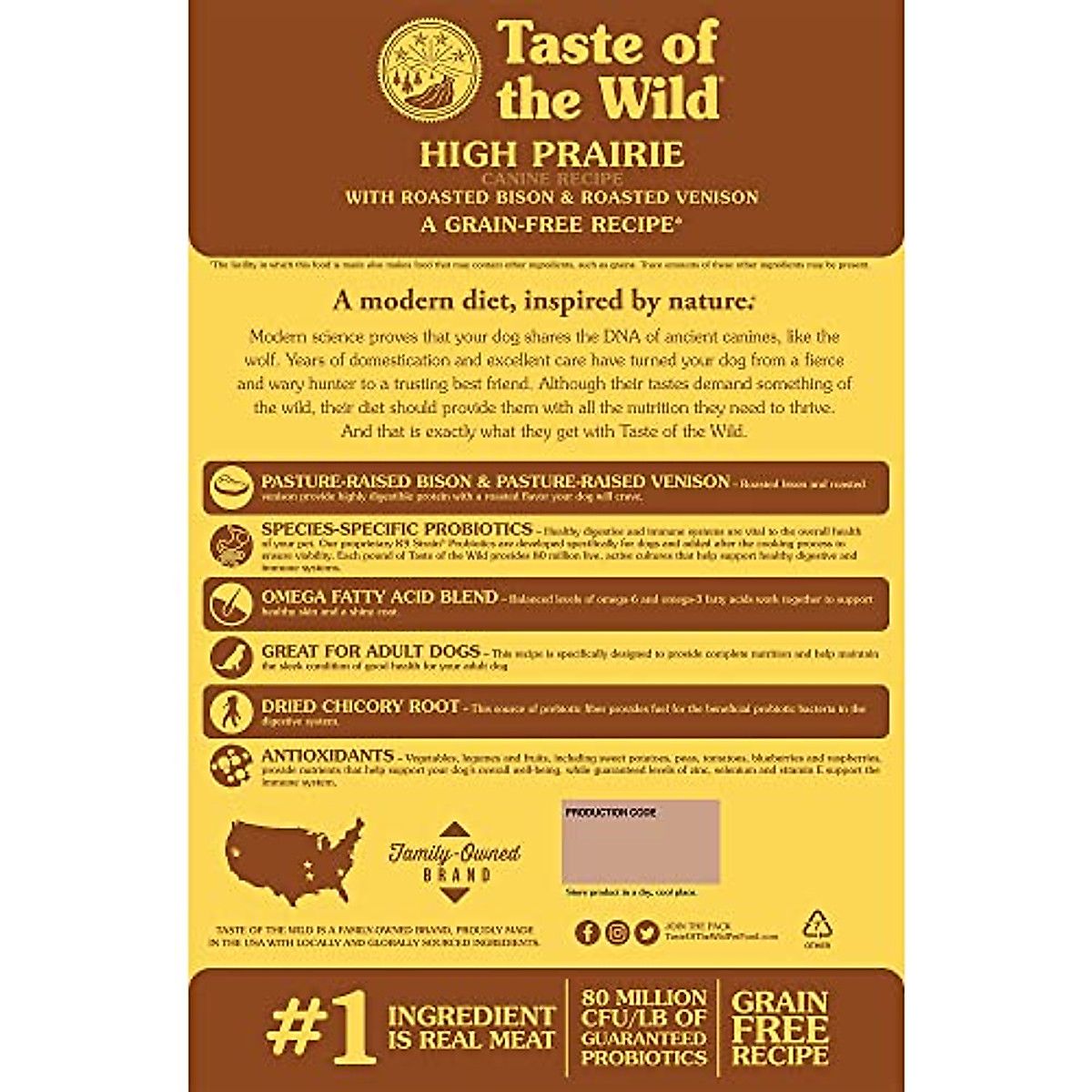 Taste of the Wild High Prairie Canine Grain-Free Recipe with Roasted Bison and Venison Adult Dry Dog Food, Made with High Protein from Real Meat and Guaranteed Nutrients and Probiotics 28lb