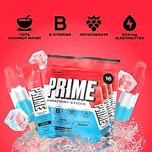PRIME HYDRATION+ Sticks ICE POP | Hydration Powder Single Serve Sticks | Electrolyte Powder On The Go | Low Sugar | Caffeine-Free | Vegan | 48 Sticks