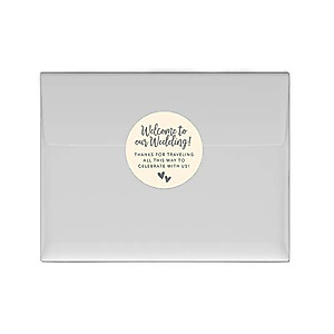 Andaz Press Out of Town Bags Round Circle Gift Labels Stickers, Welcome to Our Wedding Thanks for Traveling to Celebrate with Us, Ivory, 40-Pack, for Destination OOT Gable Boxes