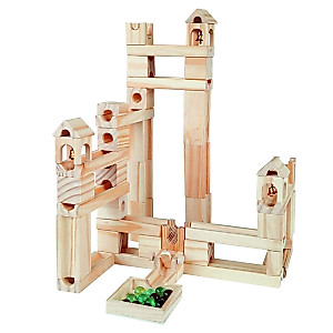 Wooden Marble Run for Kids Ages 4-8, 65 Pieces Wood Building Blocks Toys and Construction Play Set, Marble Track Maze Game STEM Learning Toys for Boys Girls (Natural Color Blocks)