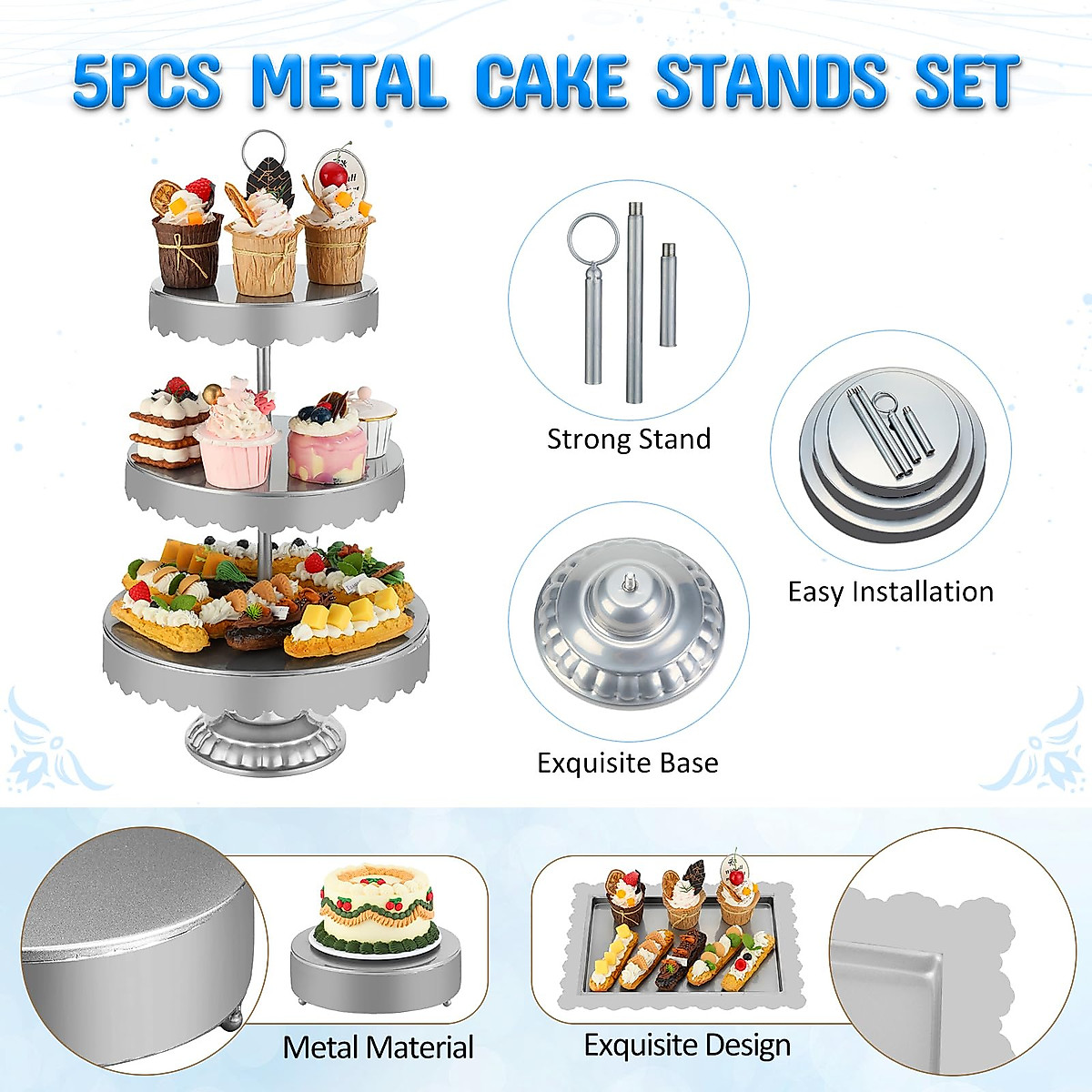 Uiifan 7 Pcs Cake Stand Set Metal Dessert Table Display Stands 3 Tiered Cupcake Holder Serving Tray Round Cake Plates Decoration for Birthday Party, Wedding, Teatime, Festival (Silver)