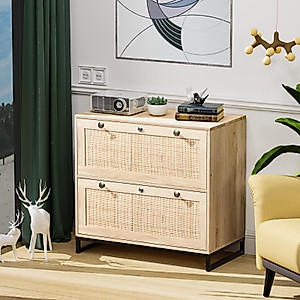 VINGLI Wood Rattan 2-Drawer Lateral File Cabinet with Lock for Home Office, Lockable Filing Cabinet with Rustic Metal Handles for Hanging Letter/A4/Legal Size Labeled Folders, Oak, 30W x 16D x 28H
