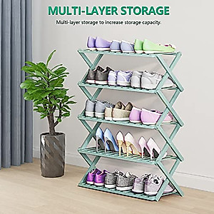 SAISN 5 Tier Wooden Shoe Rack Bamboo Shoes Storage Shelf Stackable Shoe Organizer Racks Multifunctional Free Standing Shoe Shelf Free Installation Foldable Shoe Stand for Entryway Hallway (Green)
