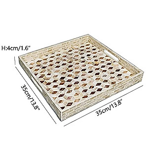 I-lan Square Serving Trays, Wooden Ottoman Tray with Cutout Handles, Decor Valet Tray, Chromatic Mother of Pearl Inlay Table Tray for Food, Catering, Catchall, Kitchen S-13.7"
