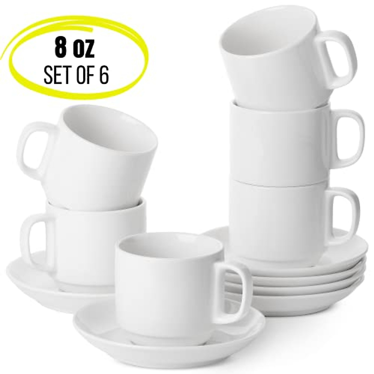 BTaT- Stackable Tea Cups and Saucers, White, Set of 6 (8 oz), Cappuccino Cups, Coffee Cups, White Tea Cup Set, British Coffee Cups, Porcelain Tea Set, Latte Cups