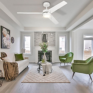 hykolity 52 inch Ceiling Fan with LED Lights(3000K/4000K/5000K), Pull Chain, Noiseless Reversible Motor and Blades, 3 Speed, ETL Listed, for Patio Living Room, Bedroom, Office - White