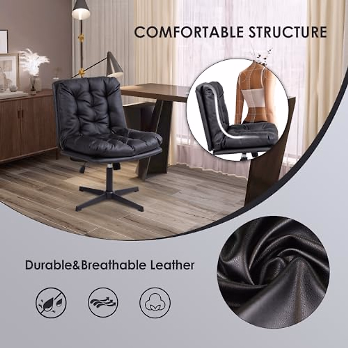 Chummaven High-Back Armless Home Office Chair No Wheels,Pu Leather Office Desk Chair Thick Swivel Rocking Vanity Chair Adjustable Computer Task Chair for Make Up,Small Space,Bedroom,Black