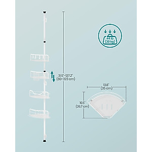 SONGMICS Corner Shower Caddy Tension Pole, 4-Tier Rust-Resistant Shower Organizer, Shower Shelf, No Drilling, 31.5 to 127.2 Inches, Height Adjustable Shelves, for Bathroom, Cloud White UBCB003W01