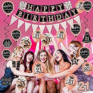 21st Birthday Decorations for her - (76pack) Rose Gold Party Banner, Pennant, Hanging Swirl, Birthday Balloons, Foil Backdrops, Cupcake Topper, Plates, Photo Props, Birthday Sash for Women Gift