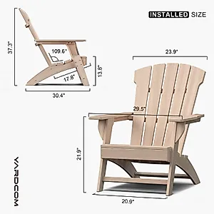 YARDCOM Adirondack Chair, 110°Ergonomics Plastic Extra Tall Adirondack Chairs, HDPE All-Weather Plastic Patio Outdoor Chair, High Foamed Polyethylene Fire Pit Chair(Natural)