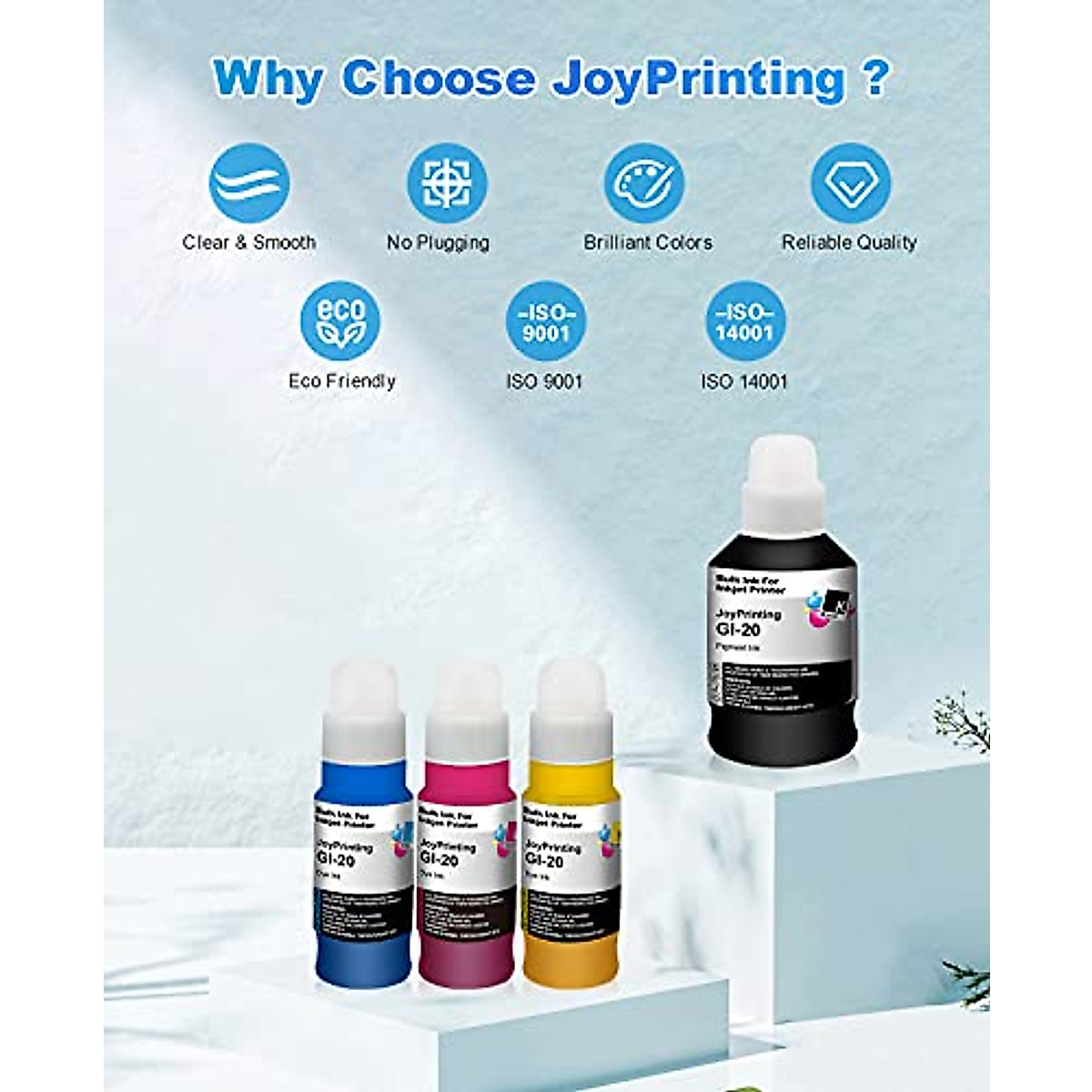 JoyPrinting GI-20 Refill Ink Bottles Kit Replacement for Canon GI20PGBK GI20 Ink Work for Canon PIXMA G6020 G7020 5020 MegaTank Printers (1 Pigment Black / 1 Cyan / 1 Magenta / 1Yellow, 4 Pack)