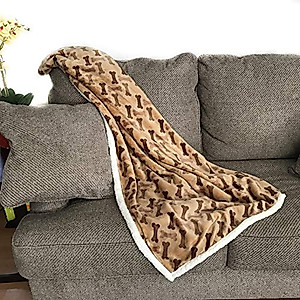Longrich Flannel Dog Bone Print & Ultra Soft Sherpa Throw Blanket, 60" L X 50" W, Taupe