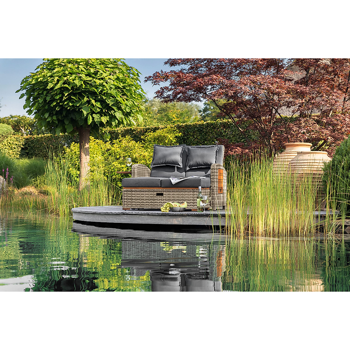 Greemotion Bahia Tobago Patio Poly Rattan Daybed, Steel Frame Loveseat Sofa Storage Ottoman Bench with Teak Retractable Side Tray, 5-Way Adjustable Cushioned Backrest (Brown/Dark Gray)