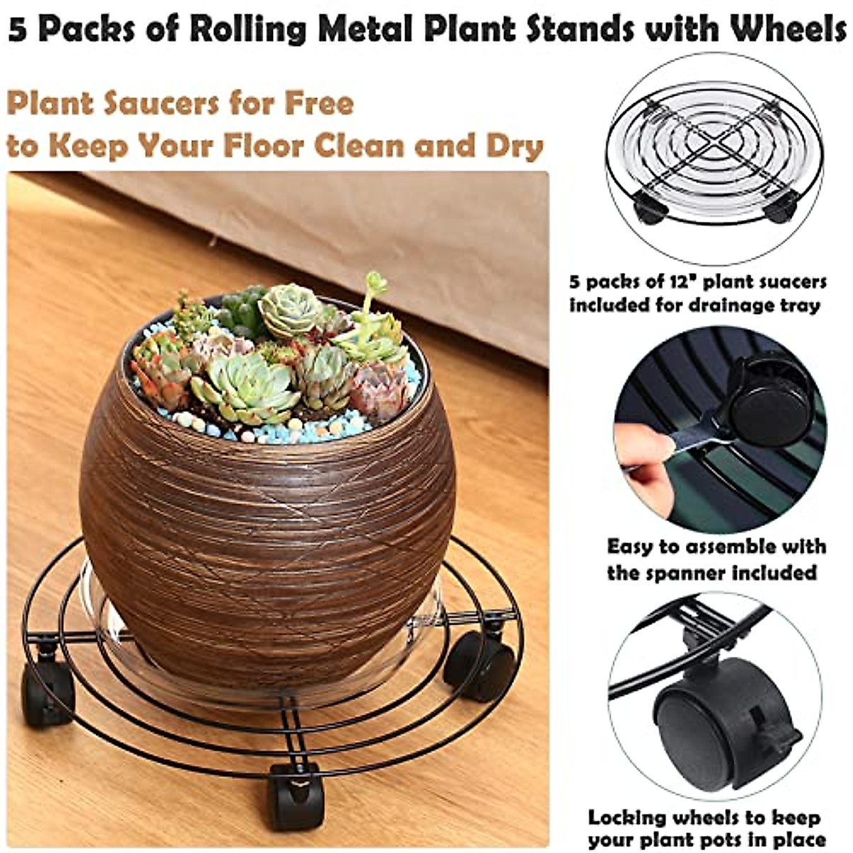 5 Packs Large Metal Plant Caddy with Wheels 13" Heavy-Duty Wrought Iron Rolling Plant Stands with Casters Plant Dolly Plant Roller Base for Indoor and Outdoor Plant Pot Movers Saucers Black