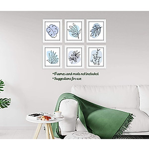 Botanical Prints - Minimalist Line Art Leaf Prints 8x 10 (Set of 6) - Aesthetic Art Posters - Abstract Plant Decor - Unframed (Blue)