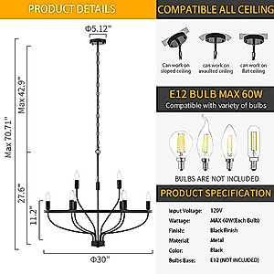 Farmhouse 9-Lights Black Chandelier, Industrial Vintage 30" Candle Style Dining Chandelier Light Fixture, Retro Modern Black Chandelier for Dining Room, Kitchen Island, Living Room, Bar, E12