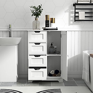 RASOO Bathroom Storage Cabinet White Freestanding Floor Storage Cupboard Adjustable Shelf with 4 Drawers and 1 Door