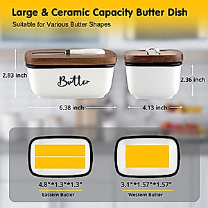 Butter Dish with Lid and Knife for Countertop, Airtight Butter Keeper for Counter or Fridge, Ceramic Butter Container with Thick Acacia Wood Lid, for Modern Kitchen Decor and Accessories, White