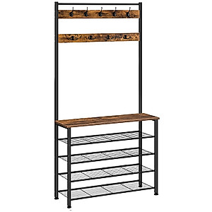 HOOBRO Hall Tree, Coat Rack with Shoe Rack, Hall Tree with Bench, 5 Tier Shoe Storage Organizer with 9 Hooks for Entryway, Closet, Sturdy, Industrial, Rustic Brown and Black BF80MT01G2