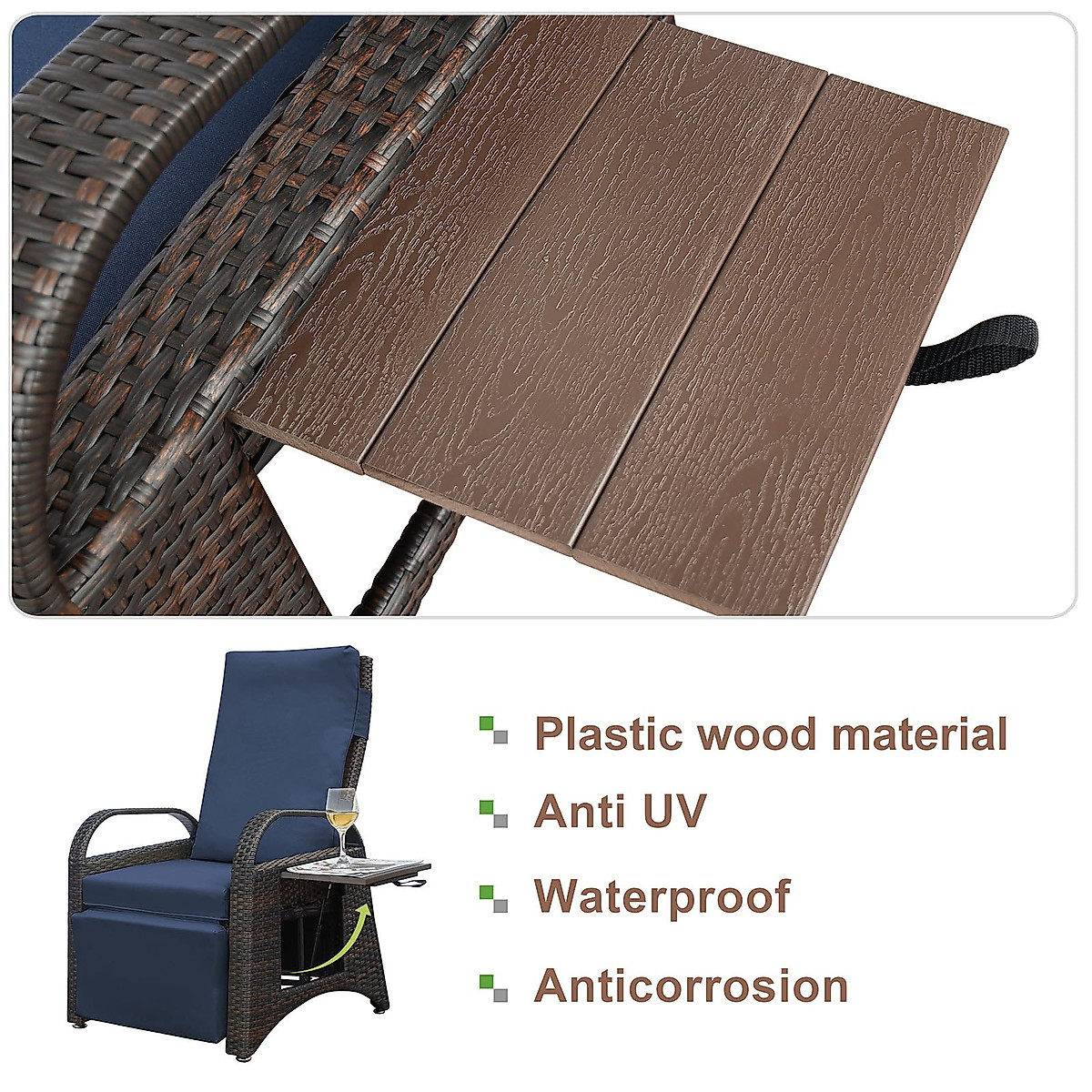 ATR ART TO REAL Outdoor Recliner Bistro Set of 3, All-Weather PE Wicker Patio Reclining Lounge Chair with Side Table (Set of 3 - Navy Blue)