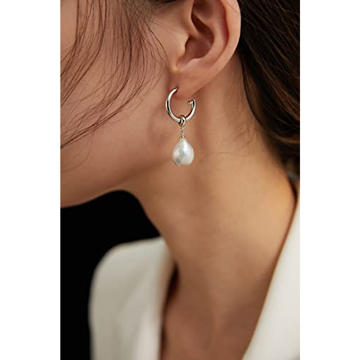 Elegant Pearl Hoop Dangle Earrings 925 Sterling Silver for Women Gold Plated Pearl Dangle Earrings Birthday Jewelry Gift (Silver)