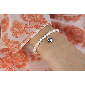 Blue Ocean Pearls .925 Sterling Silver & 6mm-6.5mm AAAA Round White & Pink Freshwater Cultured Pearl Bride & Bridesmaid Stretch Strand Charm Bracelet with Heart Charm - 7" (White)