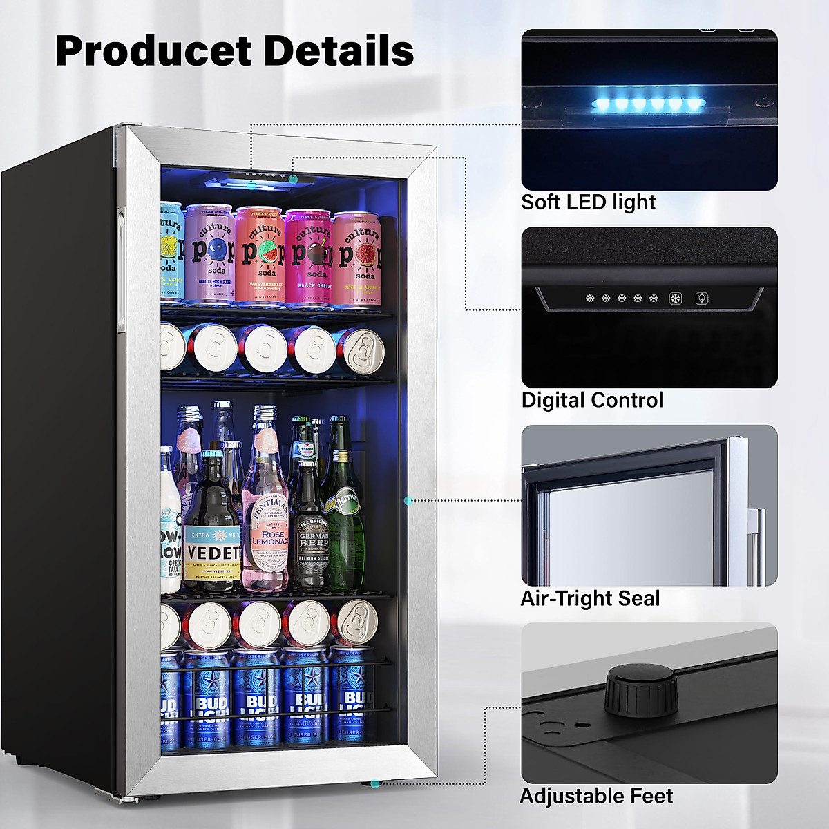 Yeego 3.1Cu.ft Beverage Refrigerator Cooler, 121 Can Mini Fridge with Glass Door, Small Drink Fridge with Adjustable Thermostat, Beverage Cooler for Beer Drinks Wines for Home Office or Bar