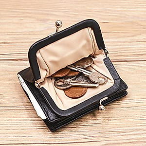 Rfid Blocking Genuine Leather Wallet for Women,Full Grain Leather Bifold Small Ladies Purse,with Kiss Lock Closure Coin Pocket and ID Card Holder,Black Soft Cow Leather,Packed with Gift Box (Black)