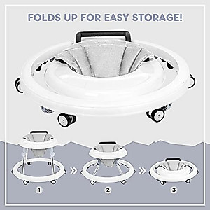 HARPPA Foldable Baby Walker, Sit to Stand Activity Center with Wheels, Seat and Height Adjustable (White)