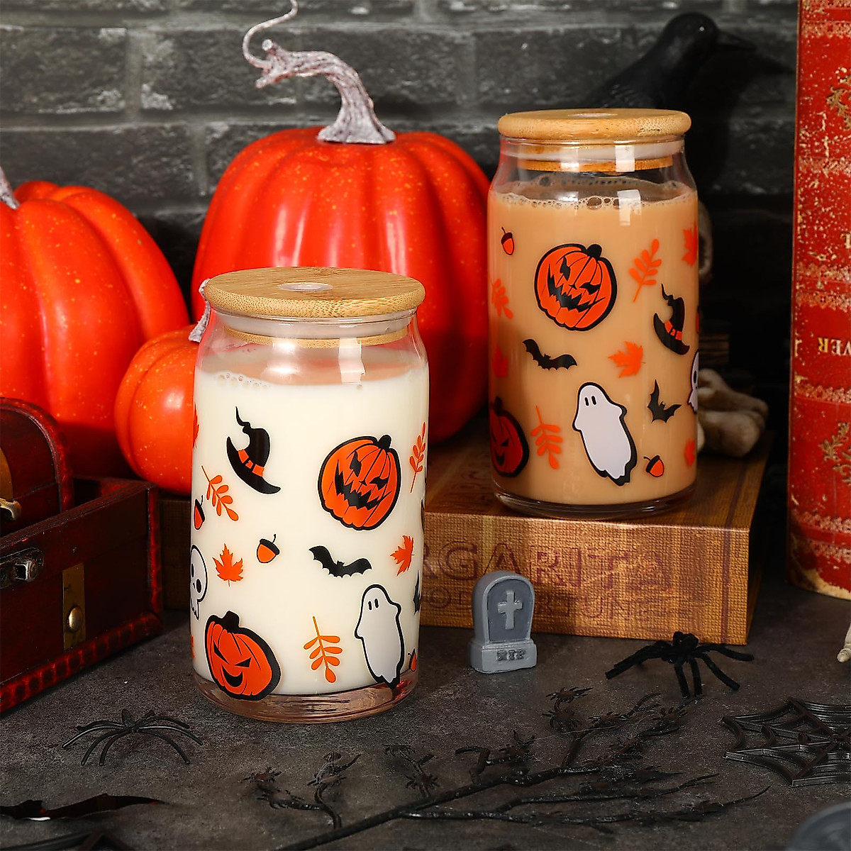 Whaline 2 Pack Halloween Glasses Cups Cute Pumpkin Ghost Bat Drinking Glasses 16oz Halloween Ice Coffee Cup with Bamboo Lid and Straw Beer Glass Can for Cocktail Whiskey Beer Soda Decor Gifts