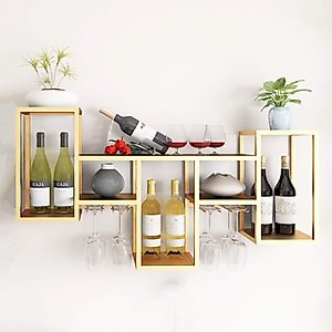 Metal Wall-Mounted Gold Wine Rack with Goblet Wine Glass Holder, Home Kitchen Living Room Dining Bar Wall Decoration Display Wine Rack