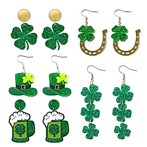 5Pairs St Patrick's Day Earrings Bulk for Women Shamrock Earrings Green Lucky Clover Dangling Earrings Funny Irish Beer Holiday Jewelry Set Gift for Women