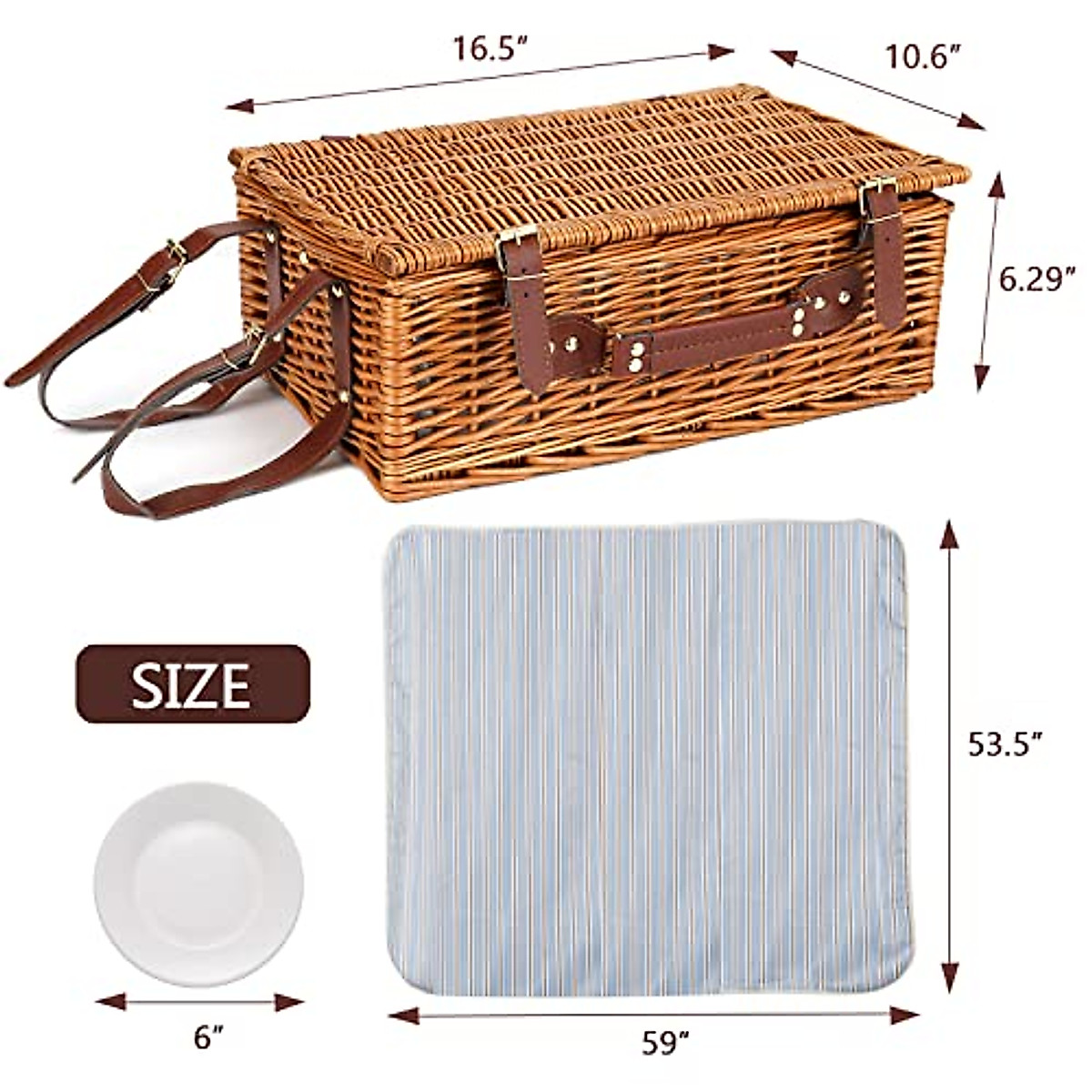 HYBDAMAI Willow Picnic Basket Set for 4 Persons with Waterproof Picnic Blanket, Wicker Picnic Basket for Camping, Outdoors, Valentine's Day, Christmas, Thanksgiving, Birthday